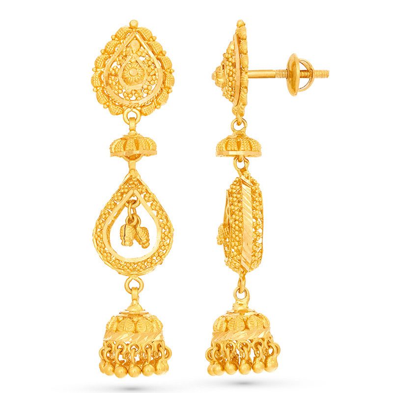 22k Gold Filigree Jhumka Drop Earrings | Raj Jewels